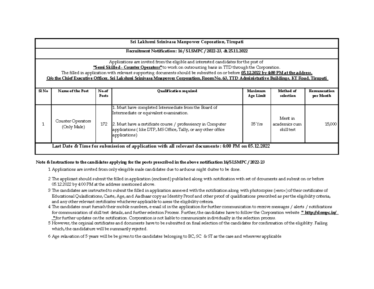 Semi Skilled Counter Operators Recruitment Notification 16/SLSMPC/2022 ...