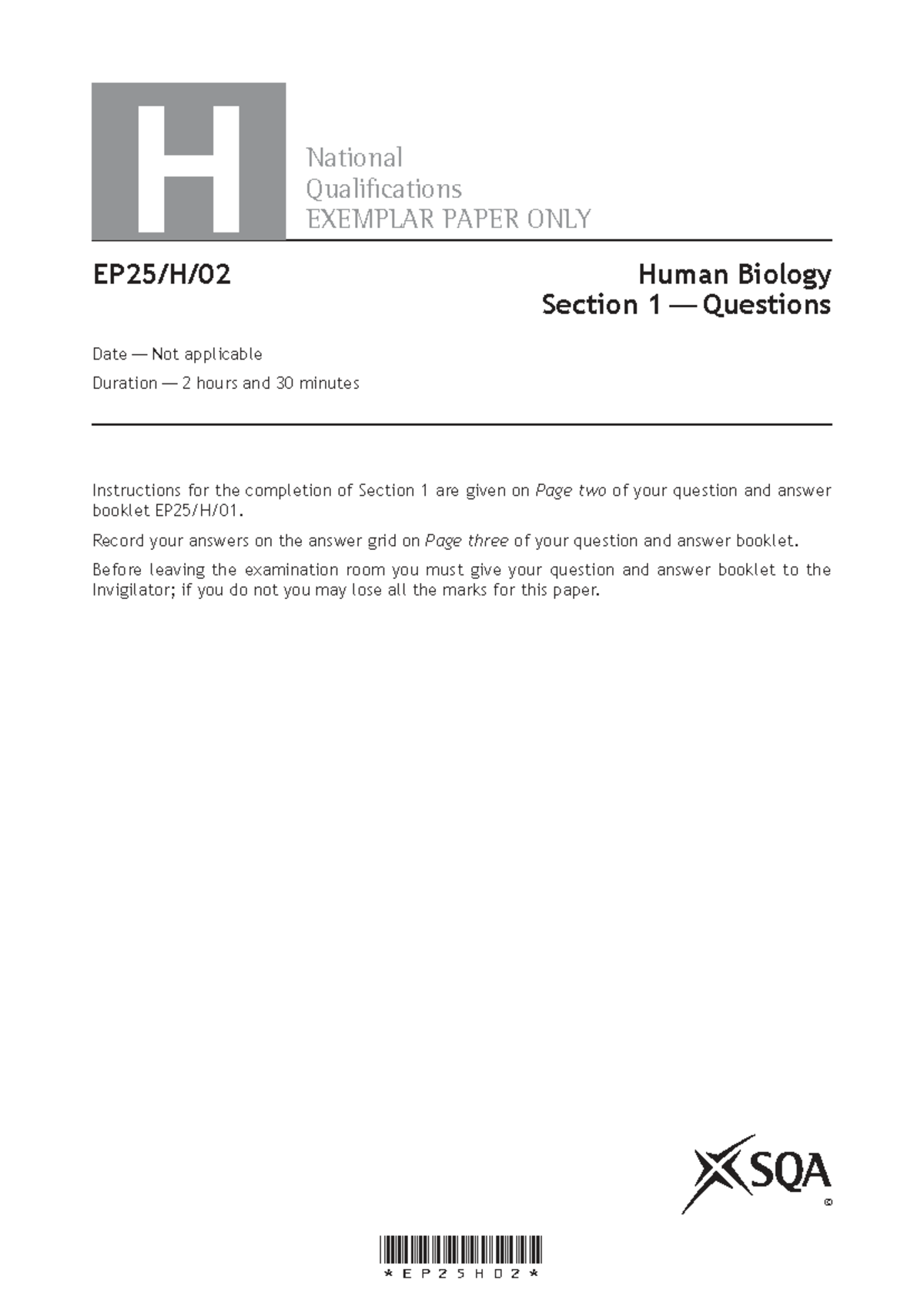 Higher Human Biology Exemplar Paper - Section 1 Questions - Studocu
