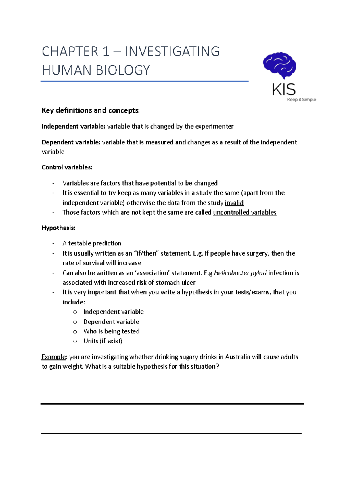 Chapter 1 - school - CHAPTER 1 – INVESTIGATING HUMAN BIOLOGY Key ...