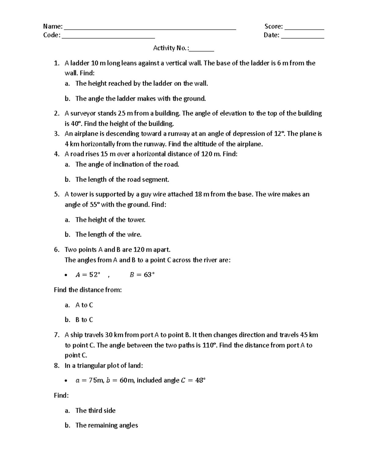 Trigo-Activity - Trigonometry Practice Problems (MATH 101) - Studocu