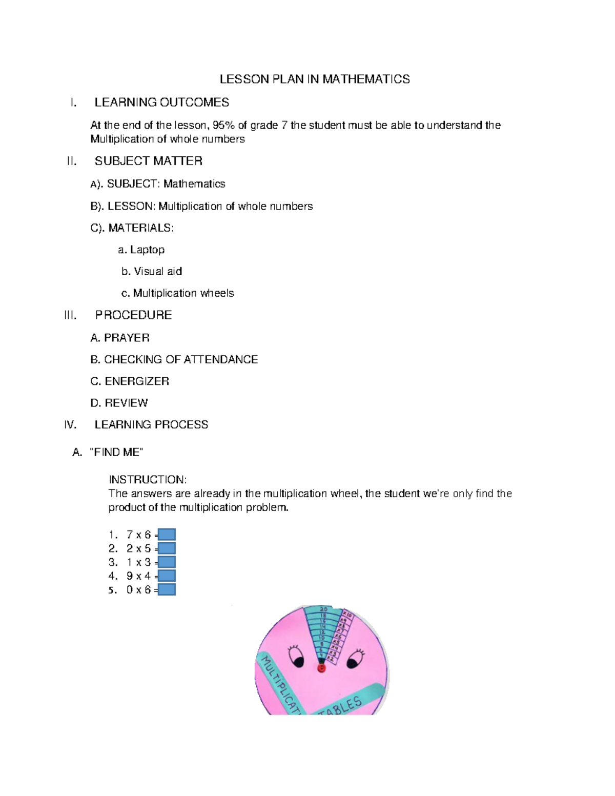 Lesson Plan: Multiplication of Whole Numbers in Math (Grade 7) - Studocu