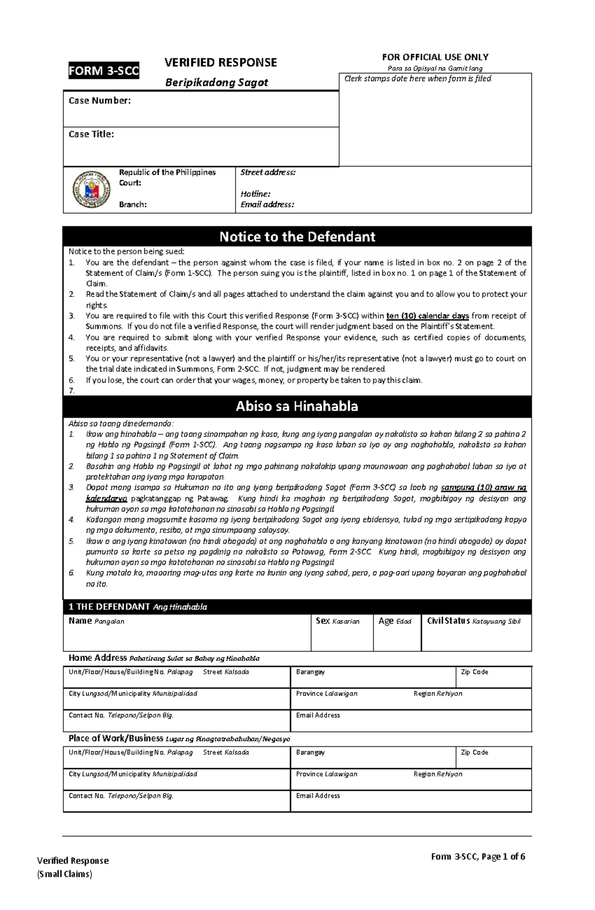 FORM 03-SCC Verified Response - Small Claims Case Documentation - Studocu