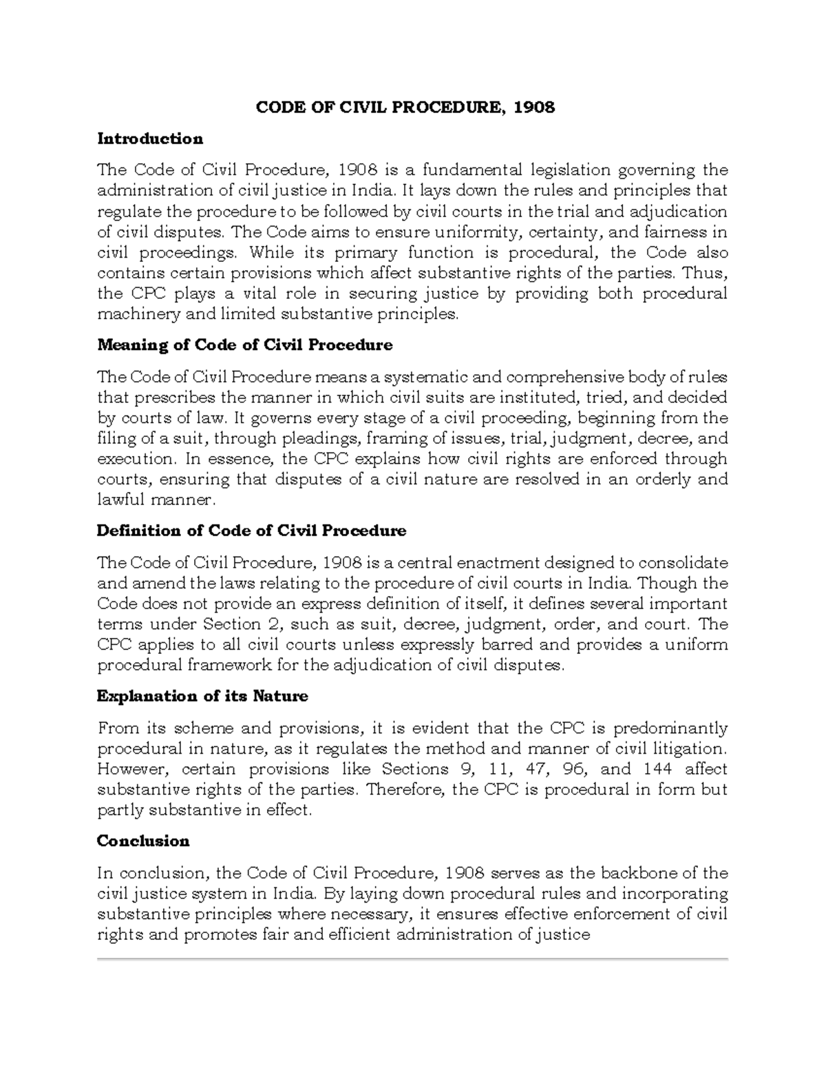 CPC Notes: Comprehensive Overview of Civil Procedure Code, 1908 - Studocu