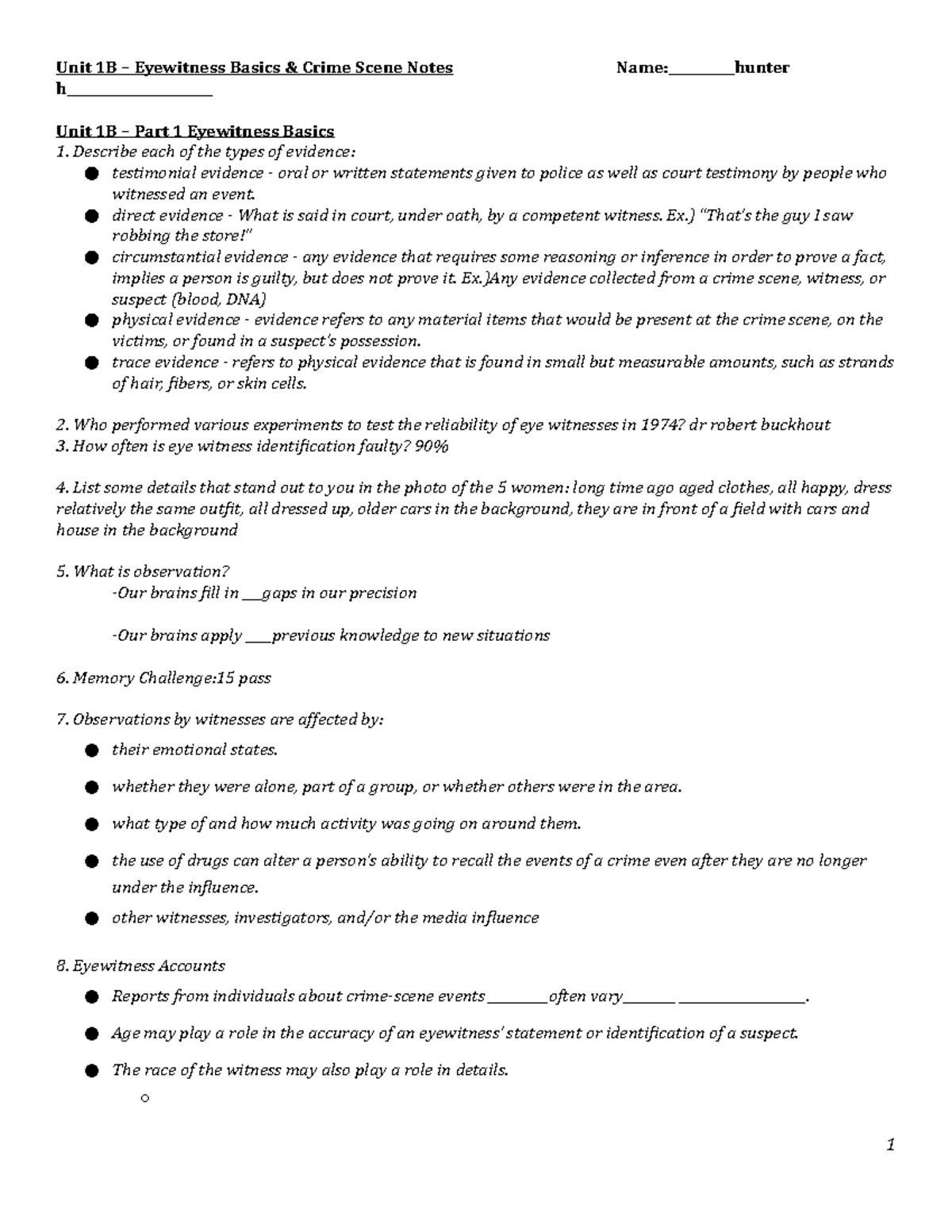 Unit 1B Notes on Eyewitness Basics & Crime Scene Analysis - 7302942 ...