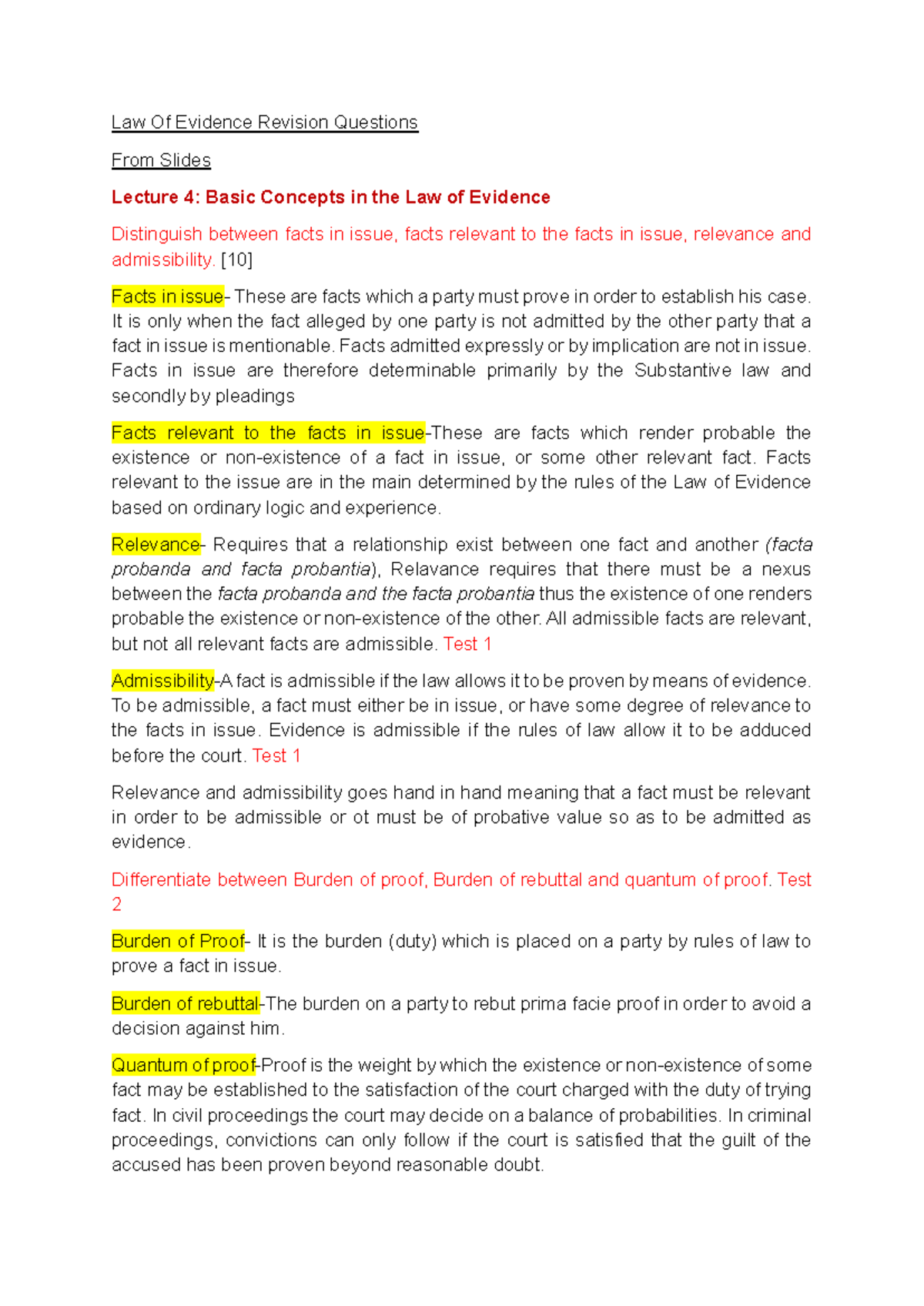 TI Law of Evidence Revision Questions: Key Concepts & Admissibility ...