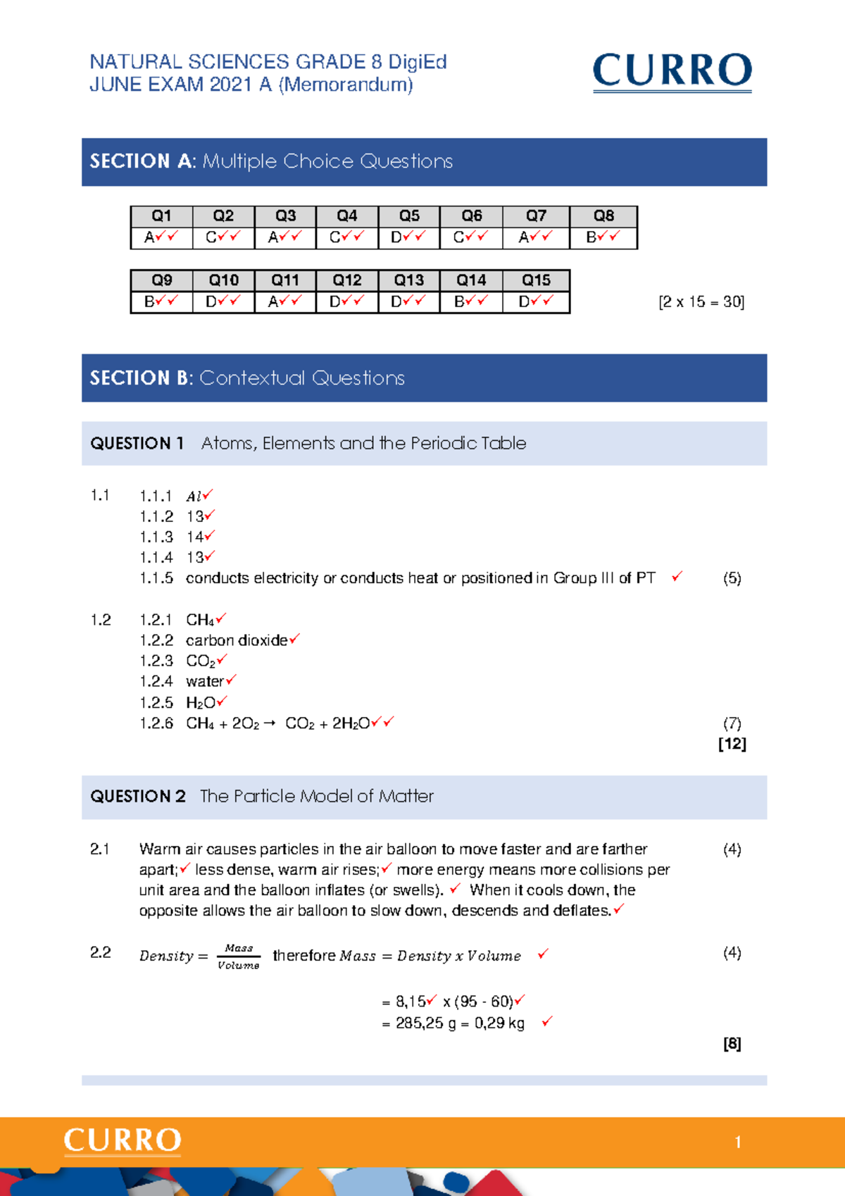 NS GR8 JUNE 2021 EXAM MEMO - Grade 8 Science Notes - Studocu