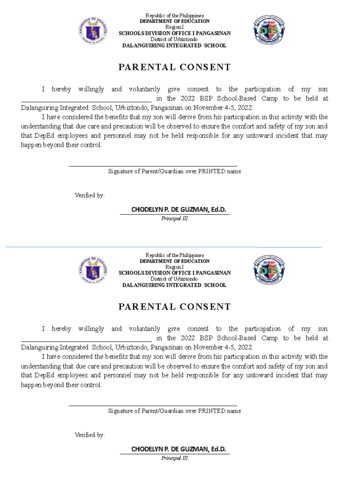 BSP 2022 Parental Consent for School-Based Camp Participation - Studocu