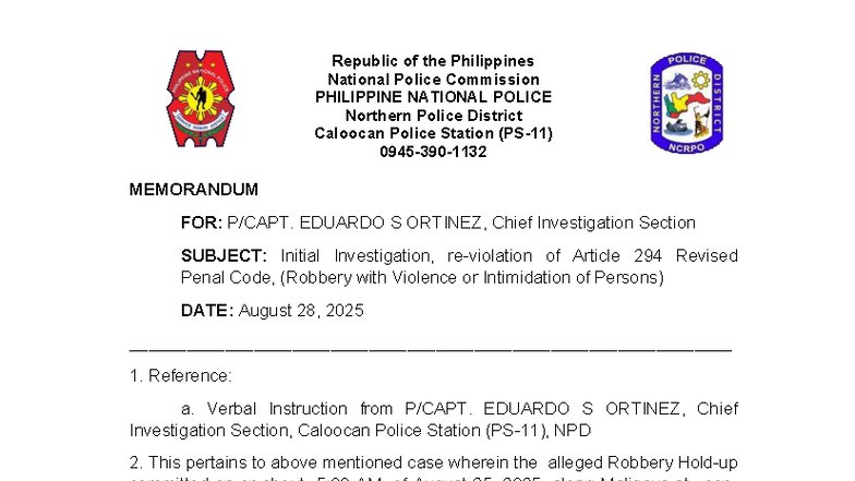 Memorandum: Initial Investigation Report on Robbery Case (Article 294 ...