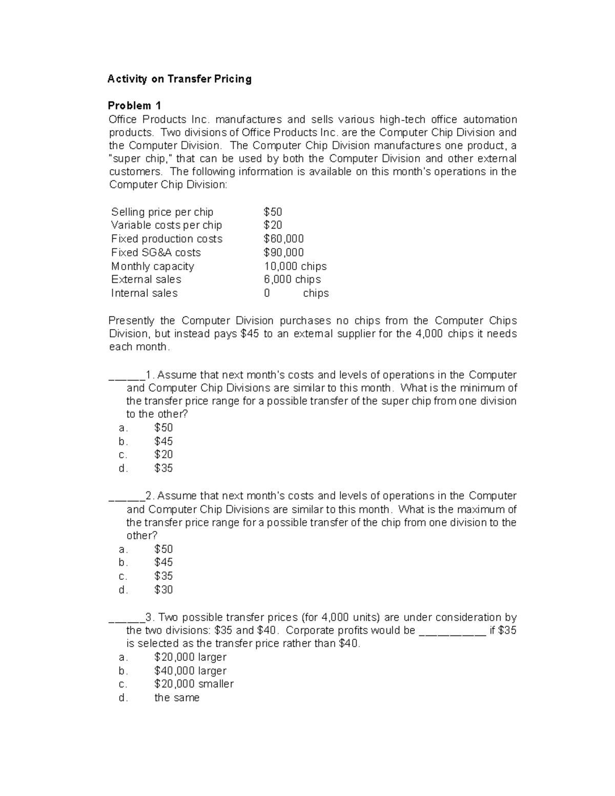 Activity on Transfer Pricing: Problems & Solutions Analysis - Studocu