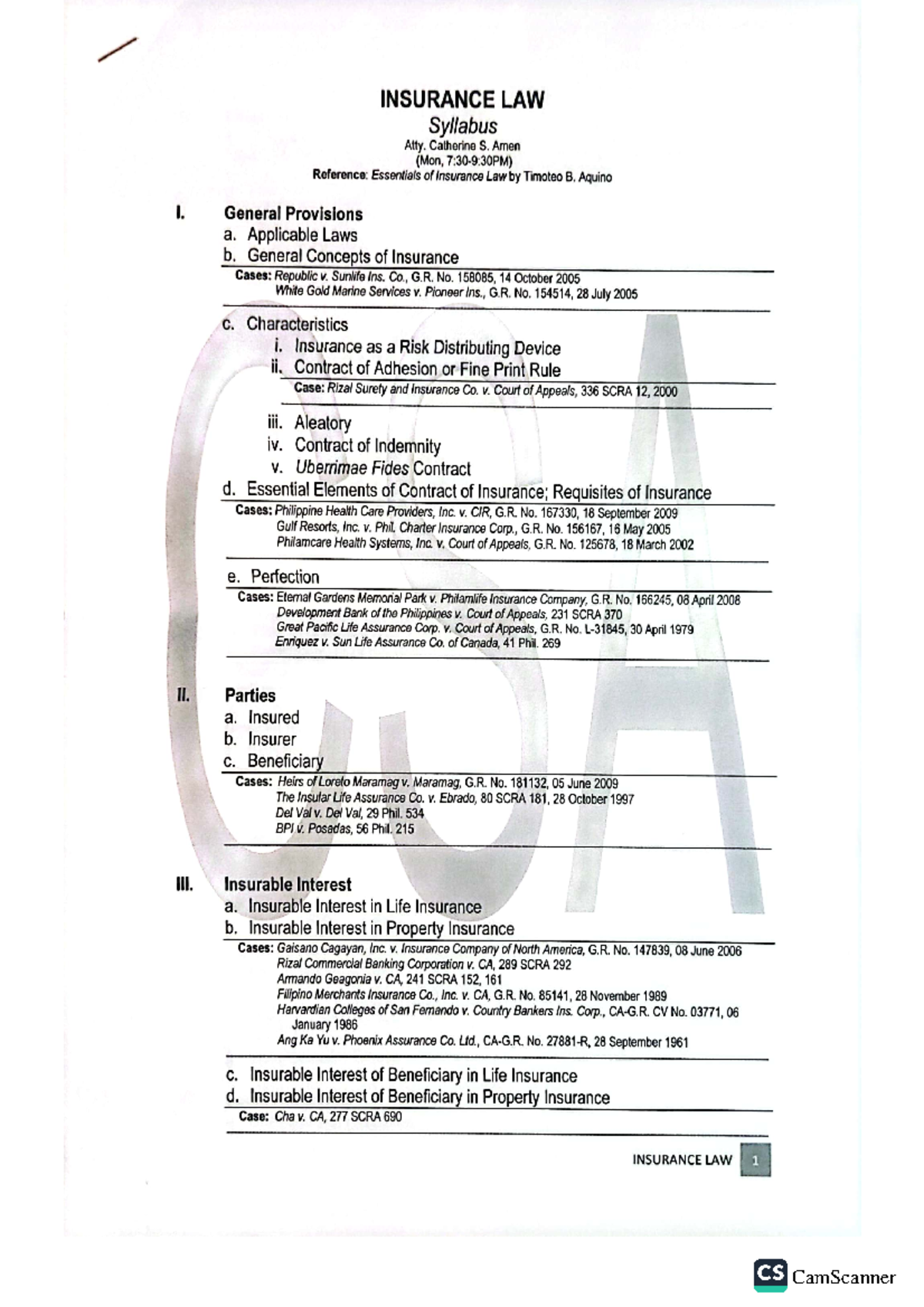 67 Insurance - Syllabus - INSURANCE LAW Syllabus Atty. Catherine S ...