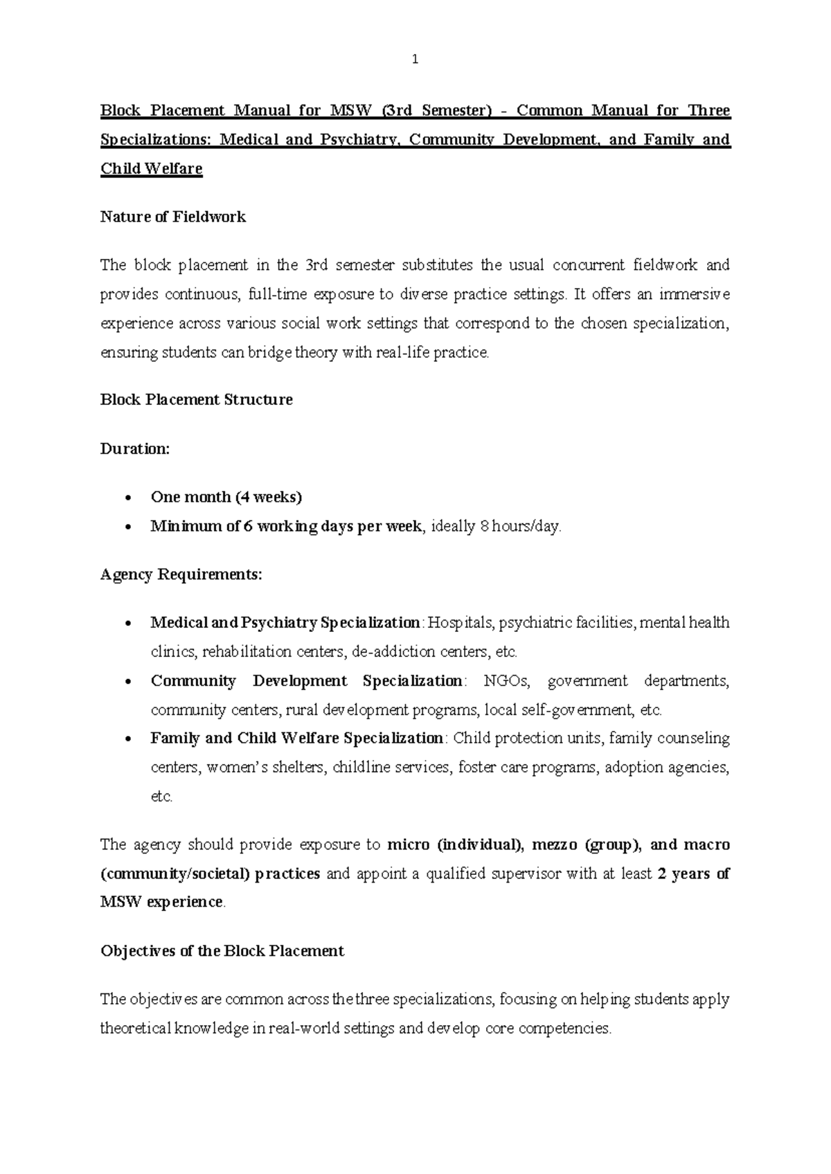 MSW 3rd Sem Block Placement Manual: Fieldwork Guidelines for ...