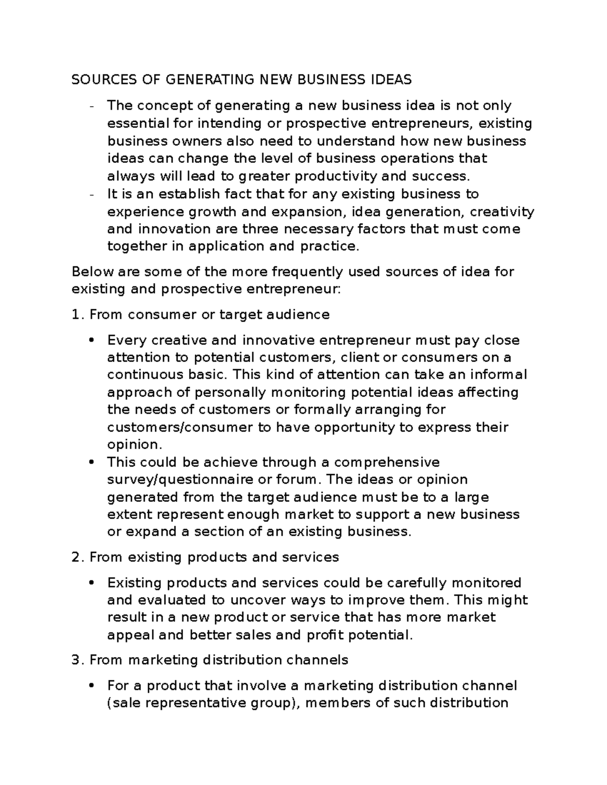 Lecture in entrepreneurship - SOURCES OF GENERATING NEW BUSINESS IDEAS ...