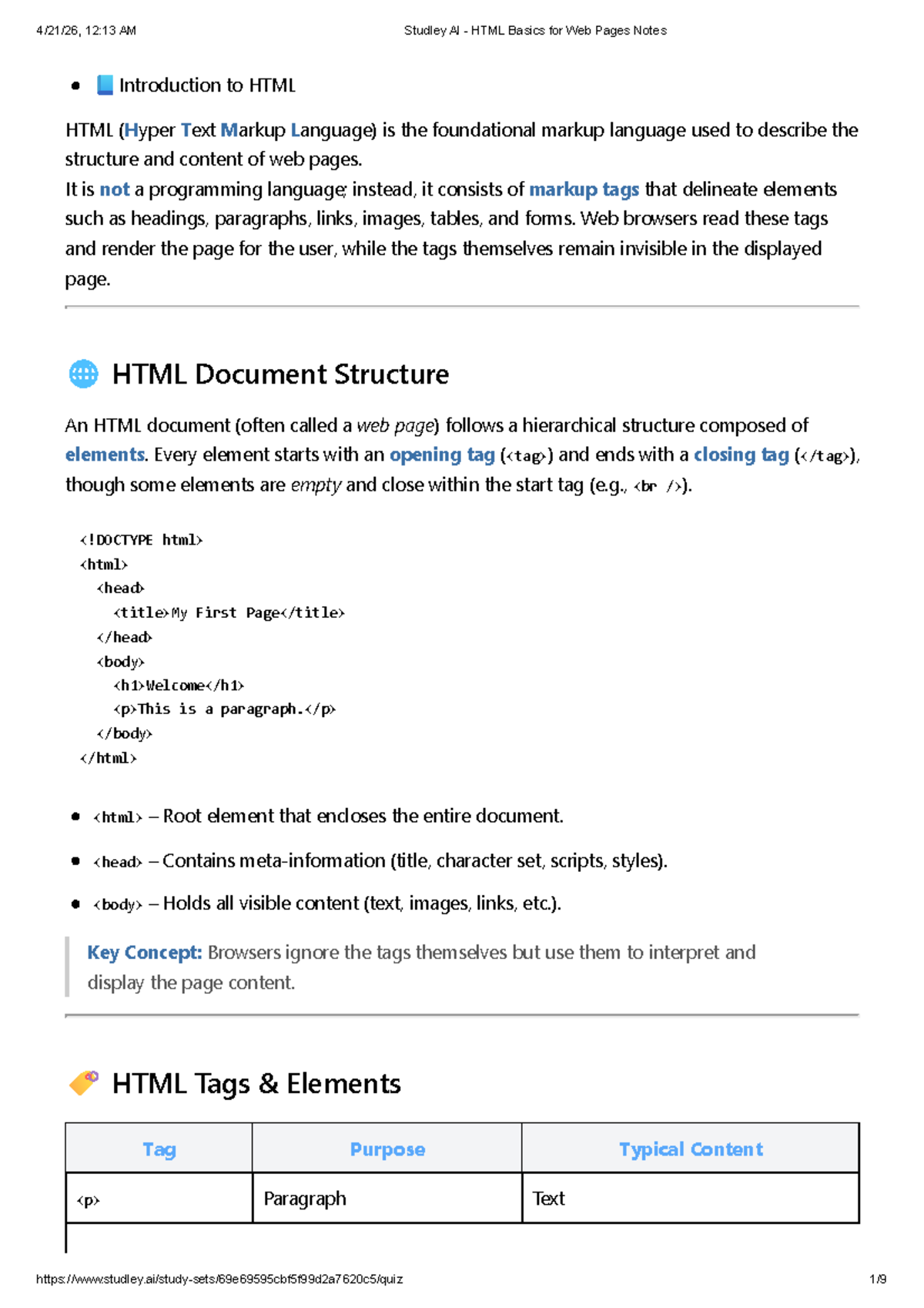 HTML Basics for Web Pages Study Guide - 12:13 AM Studley AI - Studocu