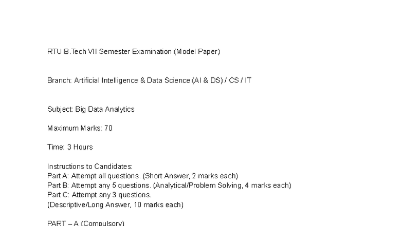 RTU B.Tech VII Sem Exam Model Paper: Big Data Analytics (AI DS) - Studocu