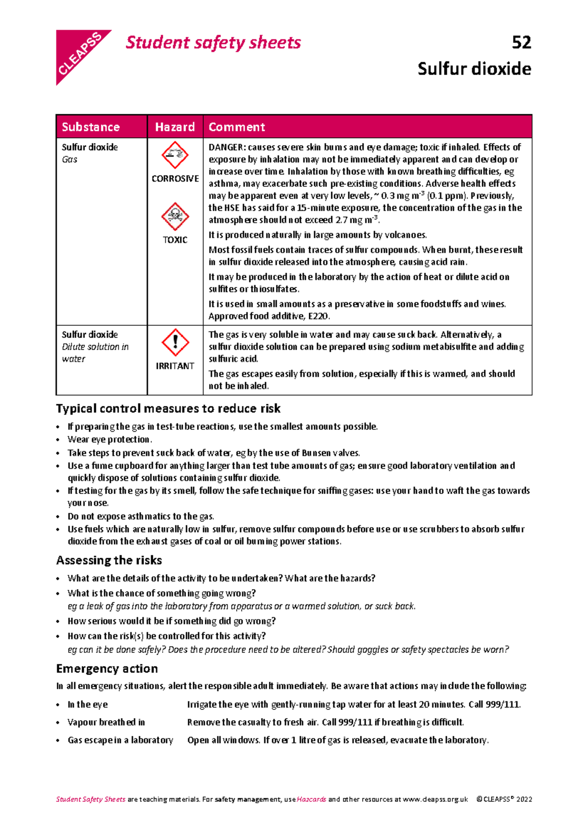 Sss052: Student Safety Sheet on Sulfur Dioxide Hazards and Controls ...