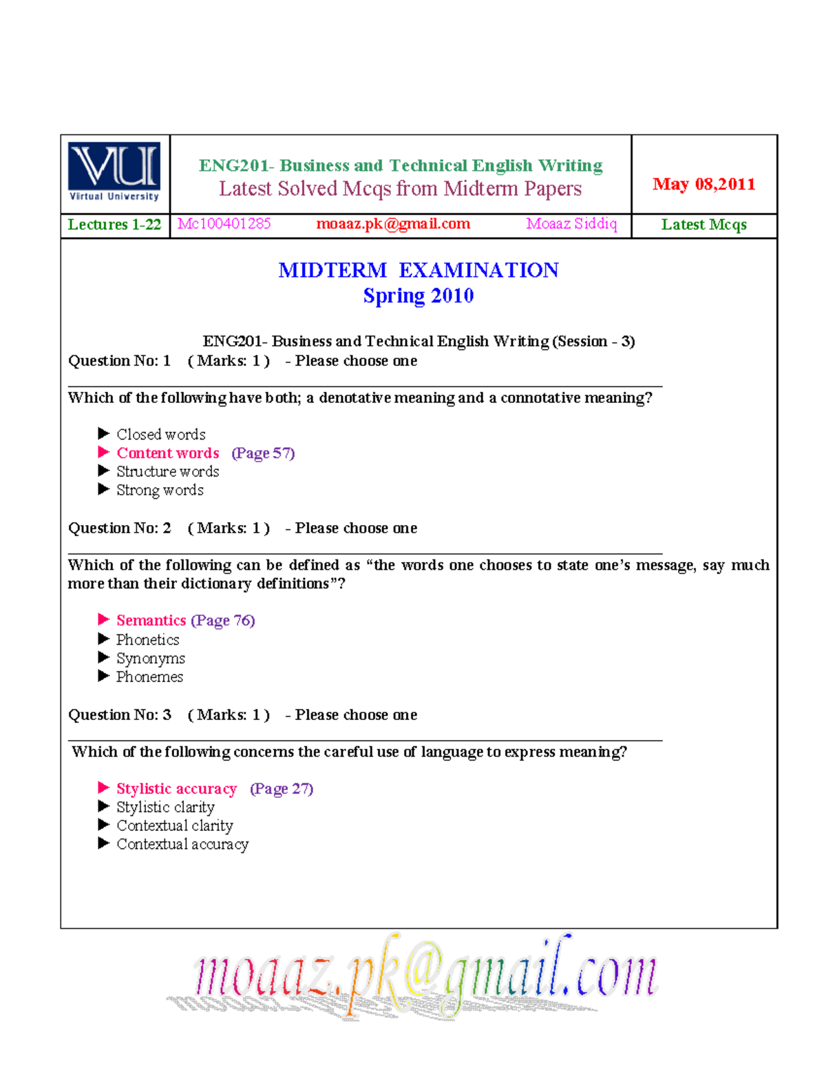ENG201 Midterm Solved MCQs with Detailed References by Moaaz - Studocu