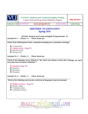 ENG201 Mcqs Mid Term By Vu Topper RM - Eng-201 Important Mid Term Mcq’s Solution 100% Correct ...