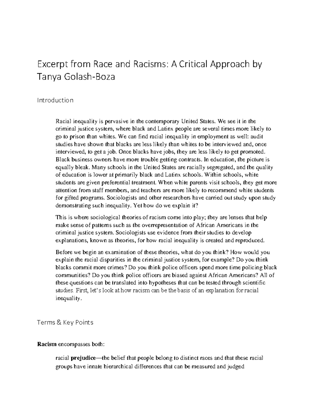 Excerpt of Race Racism - Excerpt from Race and Racisms: A Critical ...