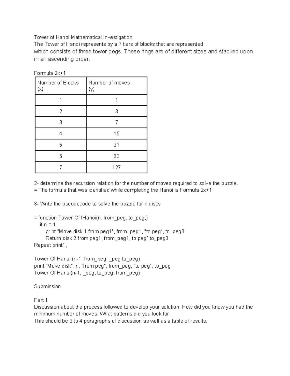 Assignment: Mathematical Investigation of Tower of Hanoi (CS101) - Studocu