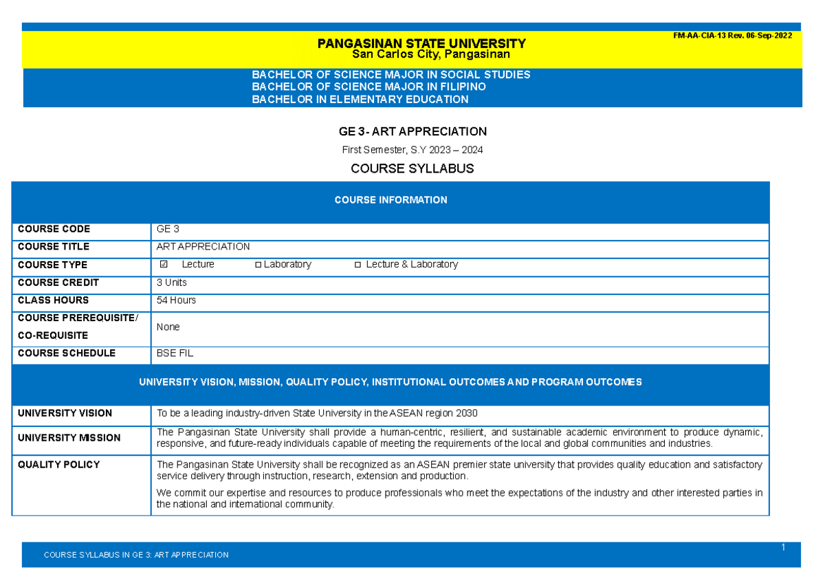 Syllabus for GE-3 ART Appreciation: First Sem S.Y 2023-2024 - Studocu