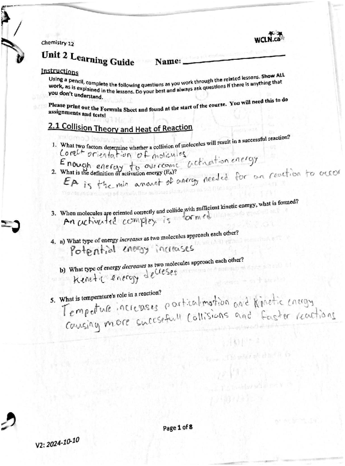 Chemistry 12 WCLN.ca Unit 2 Learning Guide and Answer Key - Studocu