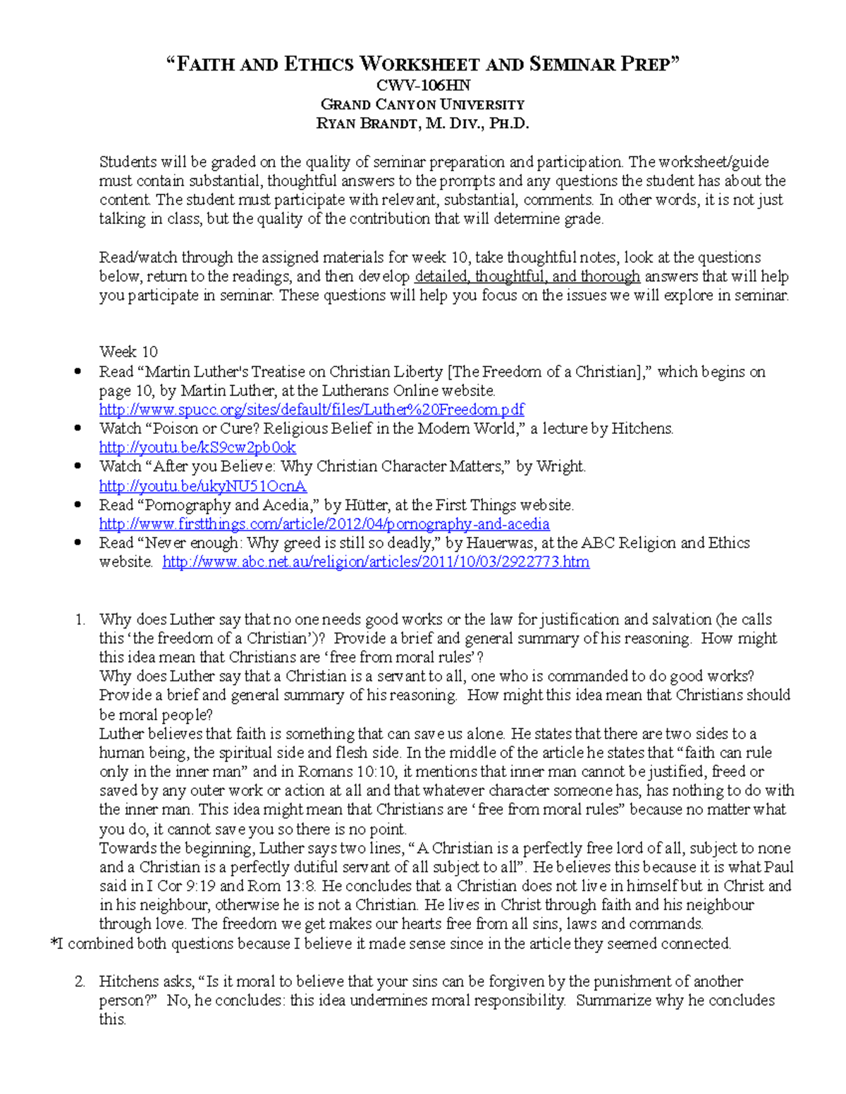 3 Faith AND Ethics Worksheet AND Seminar PREP - AND ETHICS WORKSHEET ...