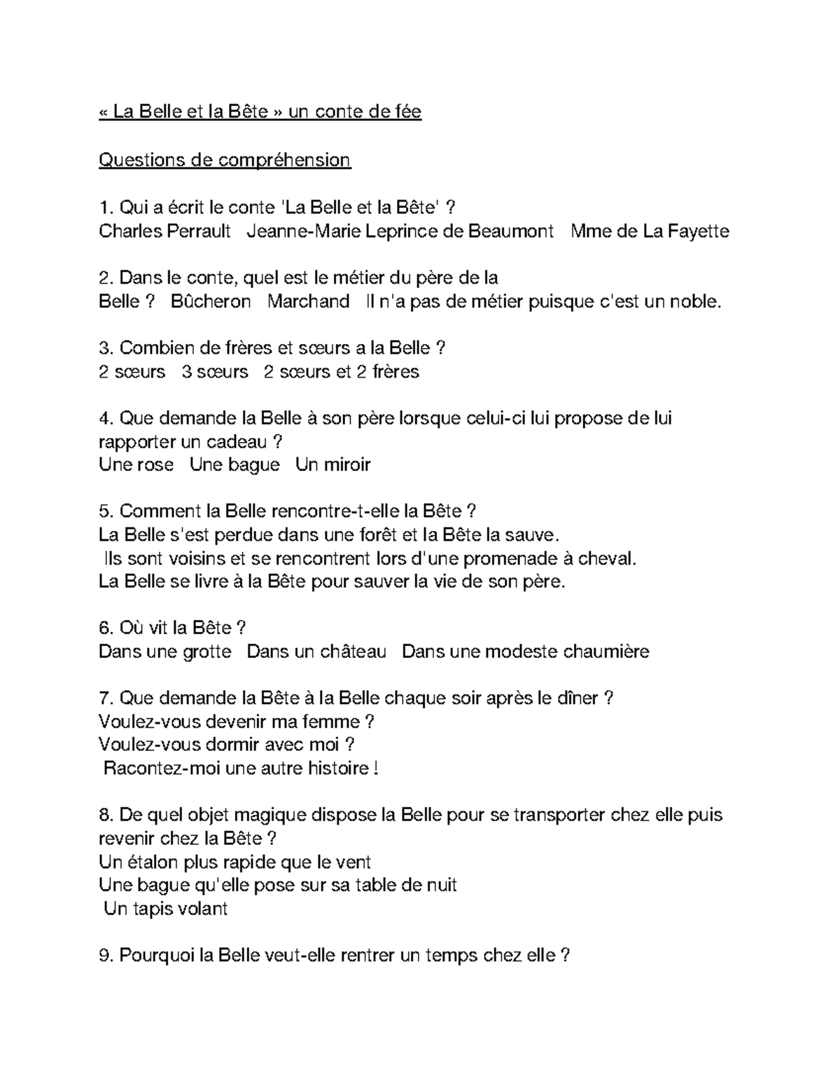 Quiz sur "La Belle et la Bête" - Questions de Compréhension - Studocu