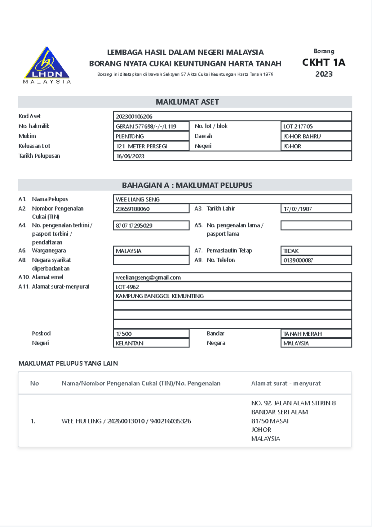 Borang CKHT 1A - Form CKHT 1A for seller - LEMBAGA HASIL DALAM NEGERI MALAYSIA BORANG NYATA ...