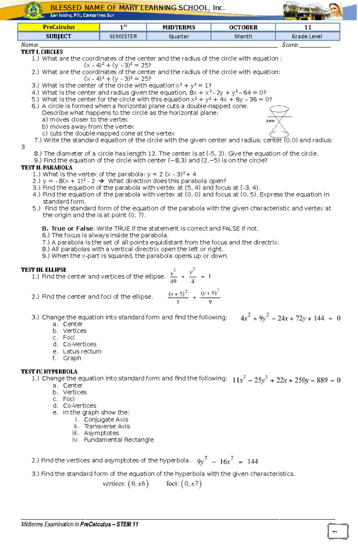 Pre Calculus - Midterm EXAM EXAMINATION - 1 PreCalculus 1 st MIDTERMS ...