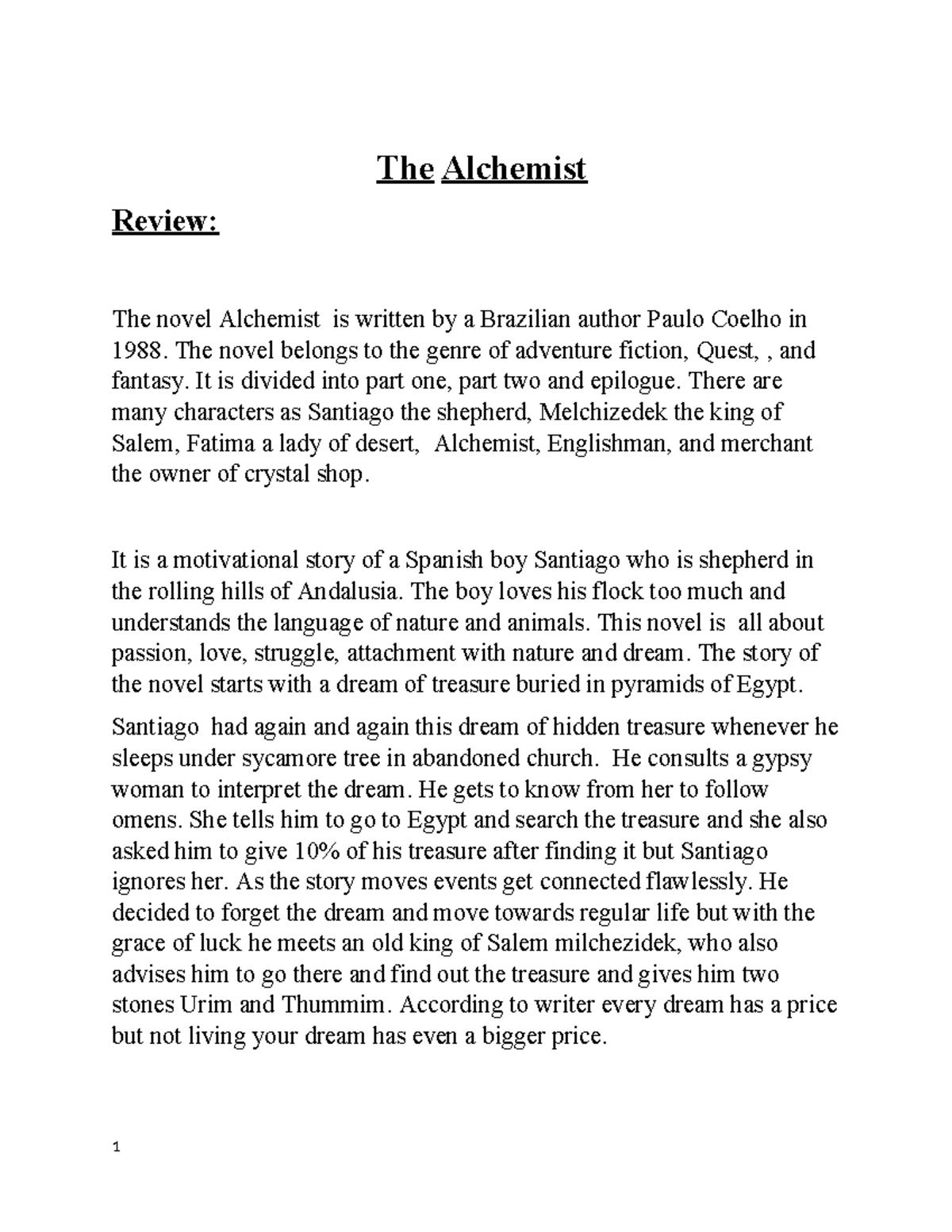 ENG 101: Review of The Alchemist by Fatima Khaskheli - Studocu