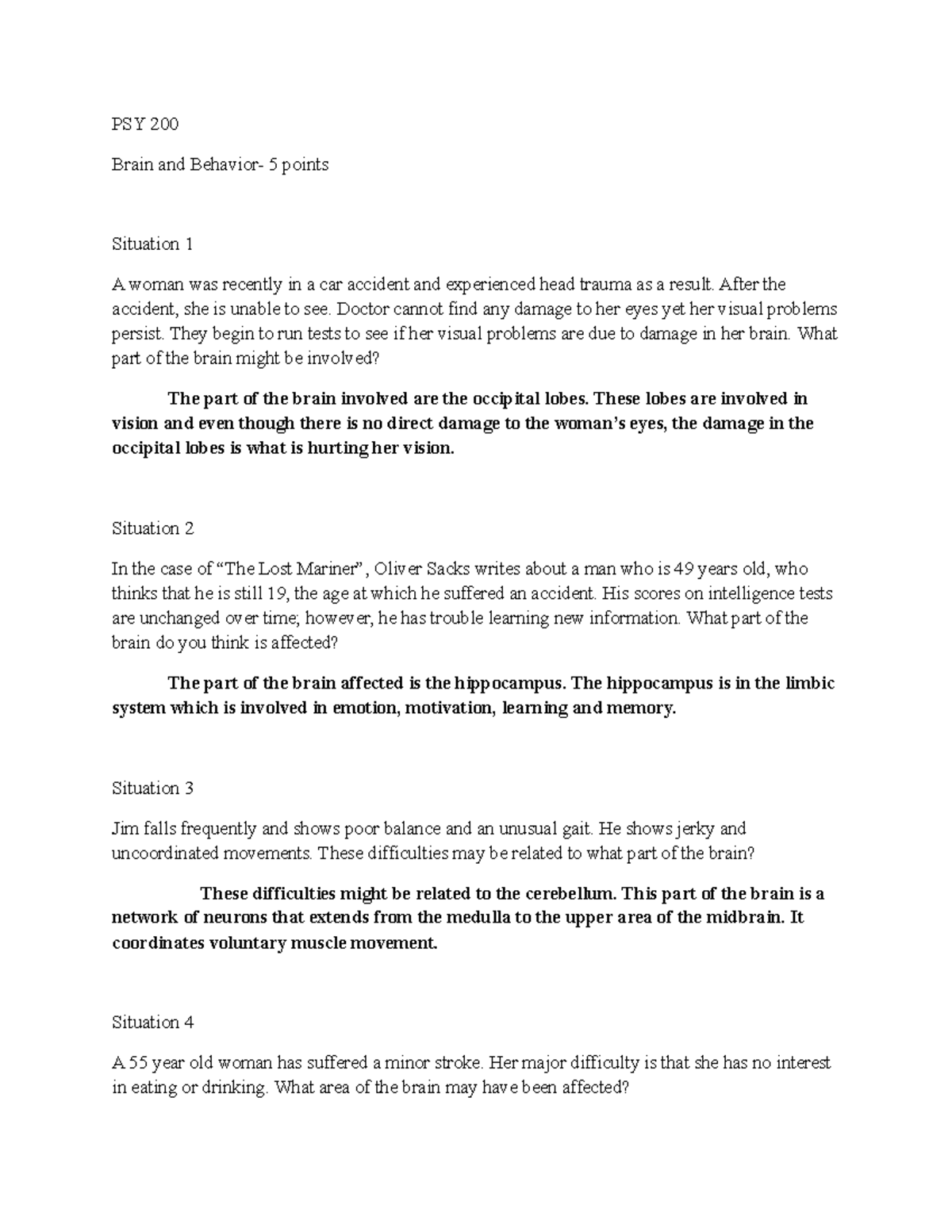 Assignment 2- Brain Cases - PSY 200 Brain and Behavior- 5 points ...