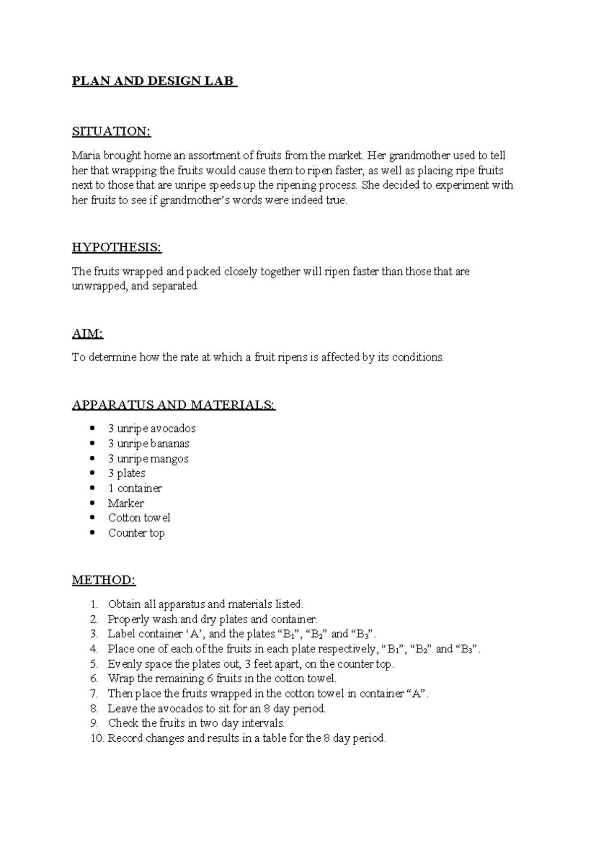 BIO 101 Lab: Ethylene's Effect on Fruit Ripening Experiment - Studocu