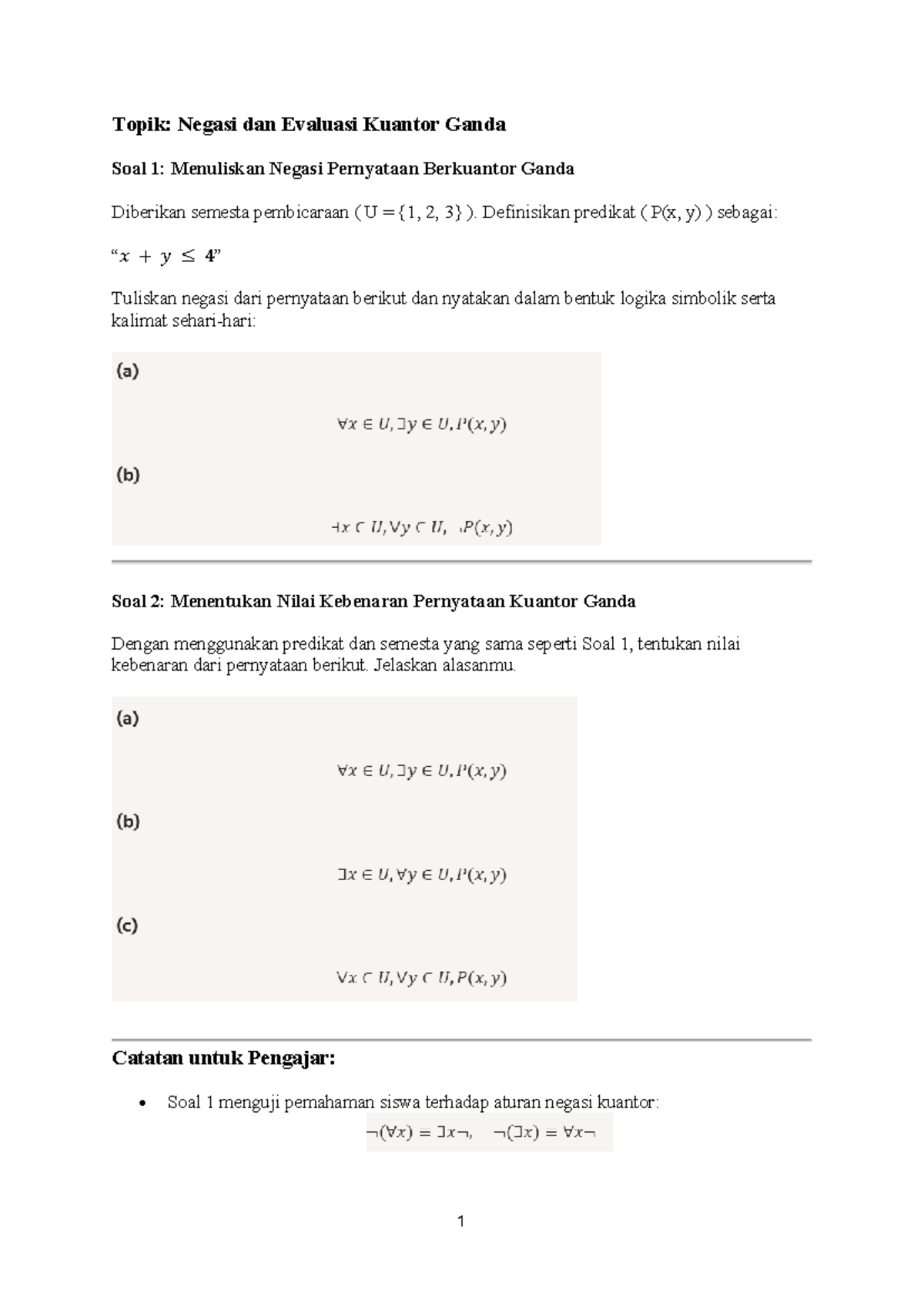 Mid Exam Preparation - Discrete Maths: Negasi & Evaluasi Kuantor Ganda - Studocu