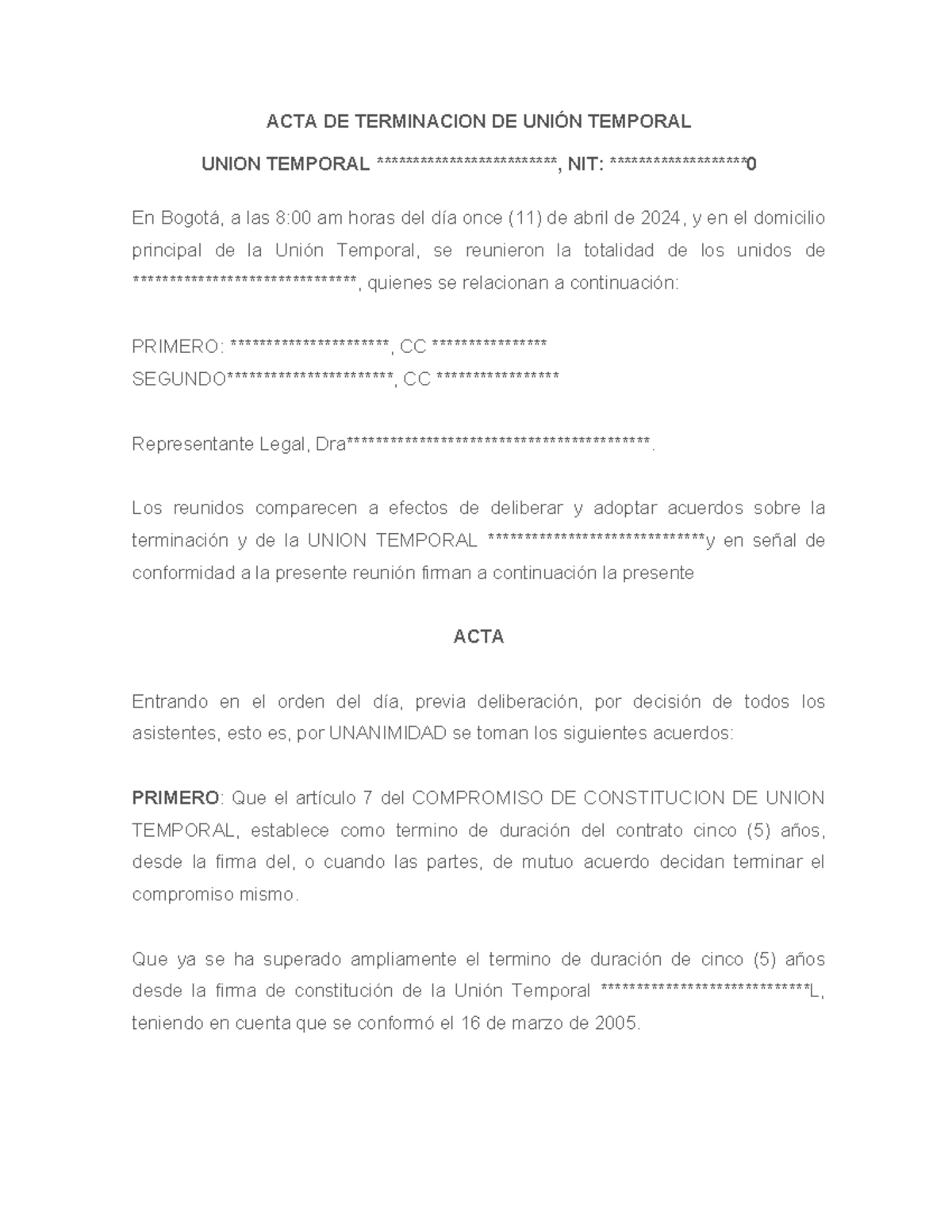 ACTA DE Terminación de Unión Temporal en Bogotá, 11 Abr 2024 - Studocu