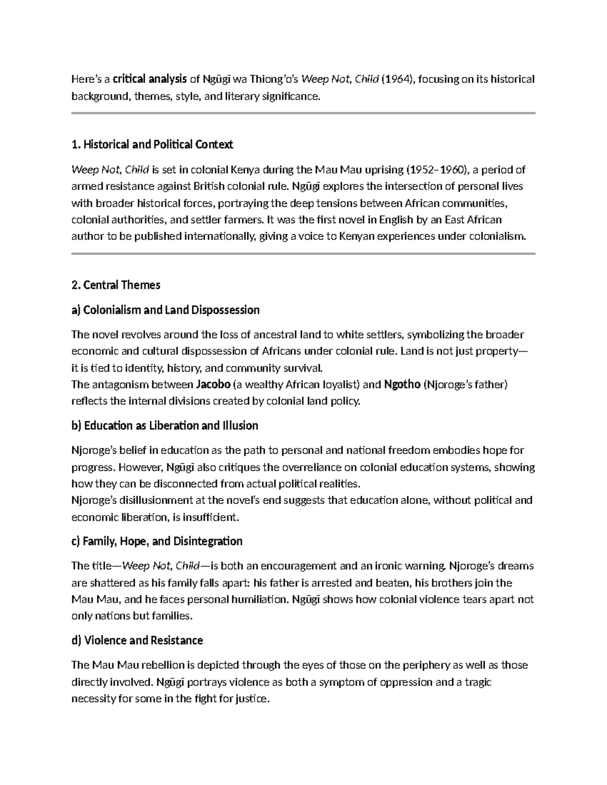 Critical Analysis of Ngũgĩ's Weep Not, Child (ENG 101) - Studocu