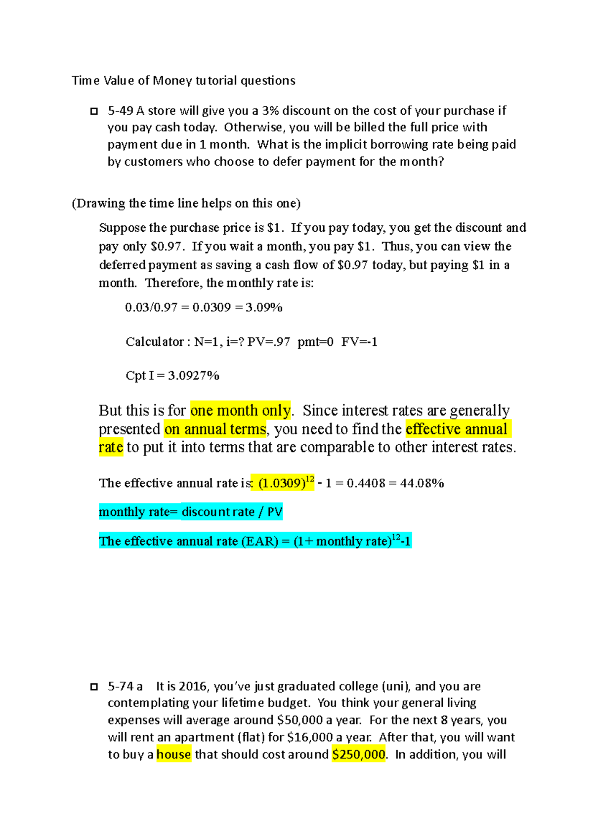 Time Value of Money (TVM) Solutions - Tutorial 2, Week 3 - Studocu