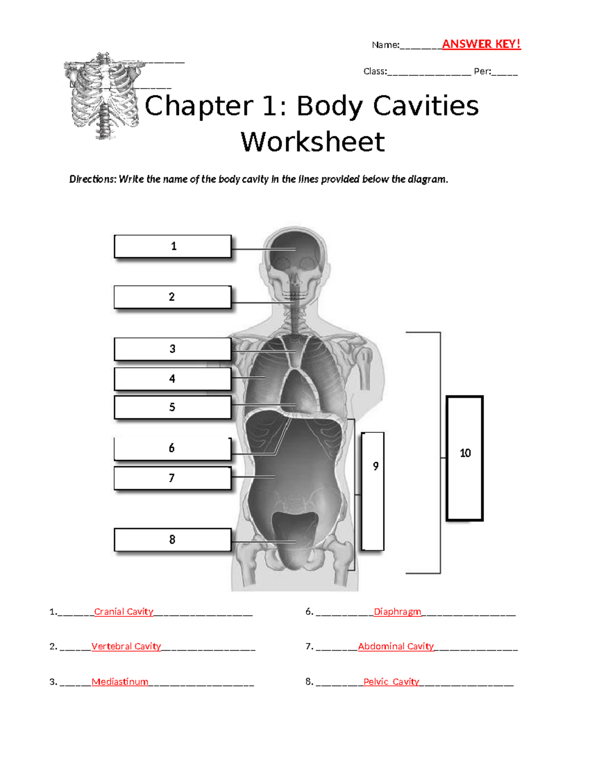 BIO101: Body Cavities Worksheet Answer Key - Chapter 1 - Studocu