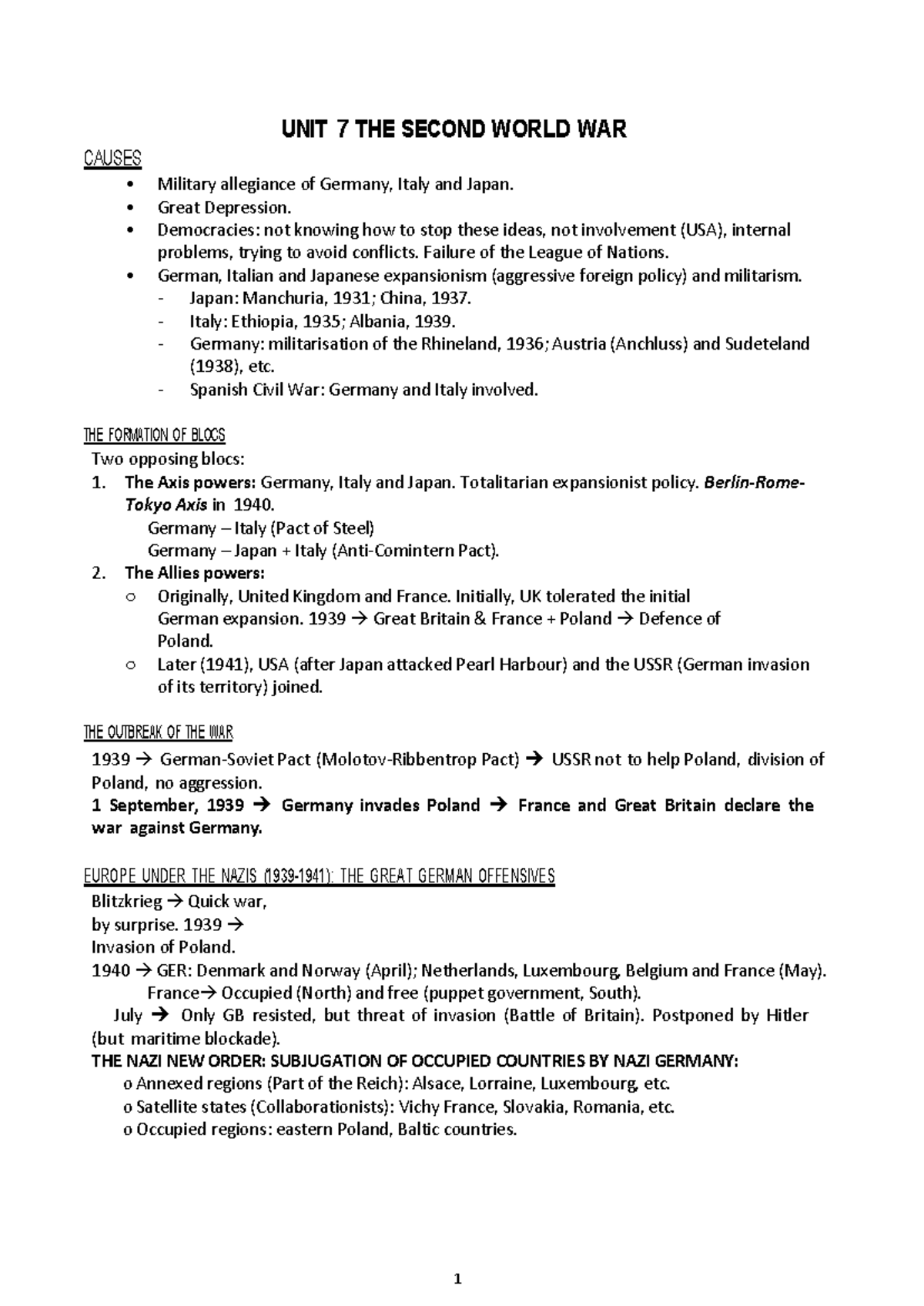 Unit 7: Comprehensive Notes on the Second World War Causes & Events ...