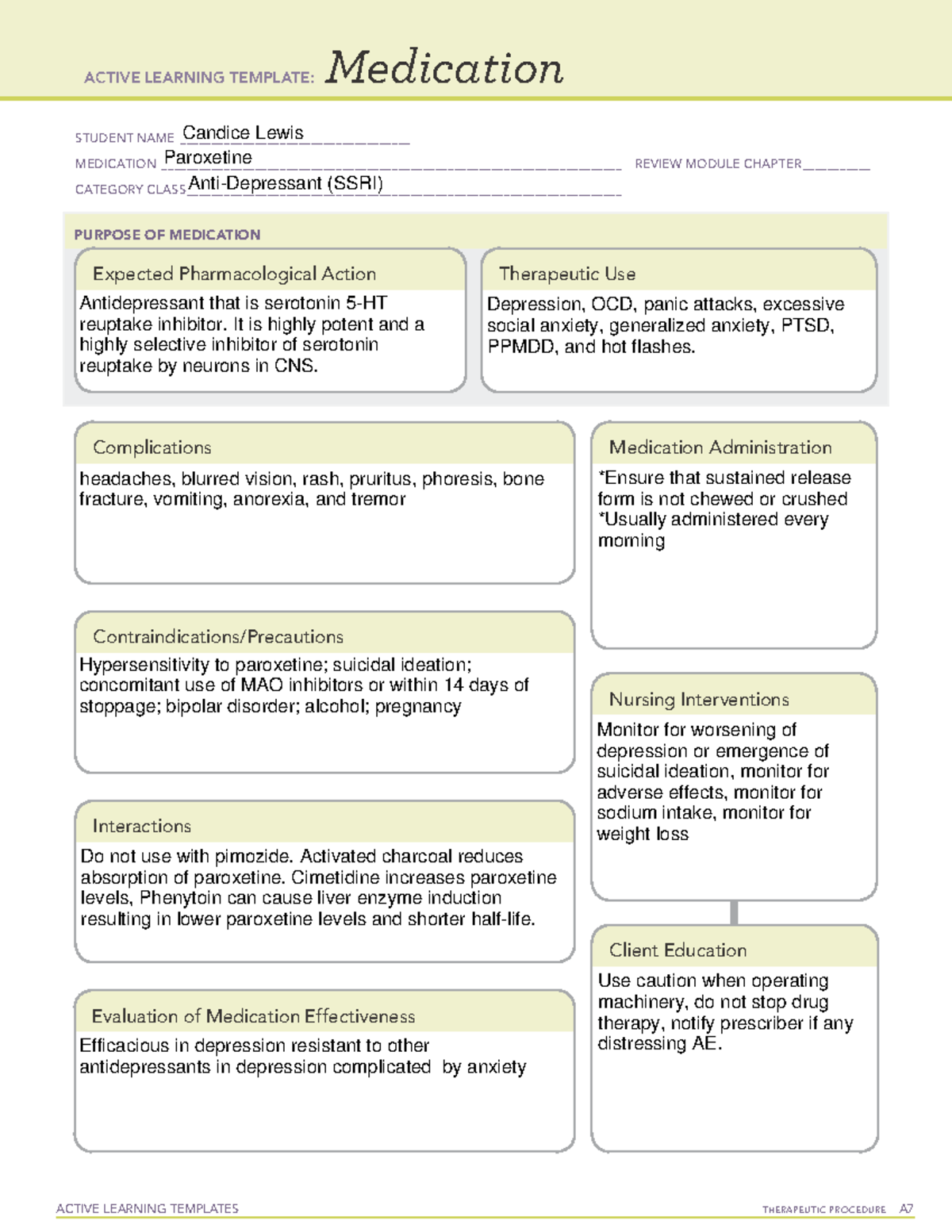 Paroxetine (SSRI) Active Learning Template: Medication Review - Studocu