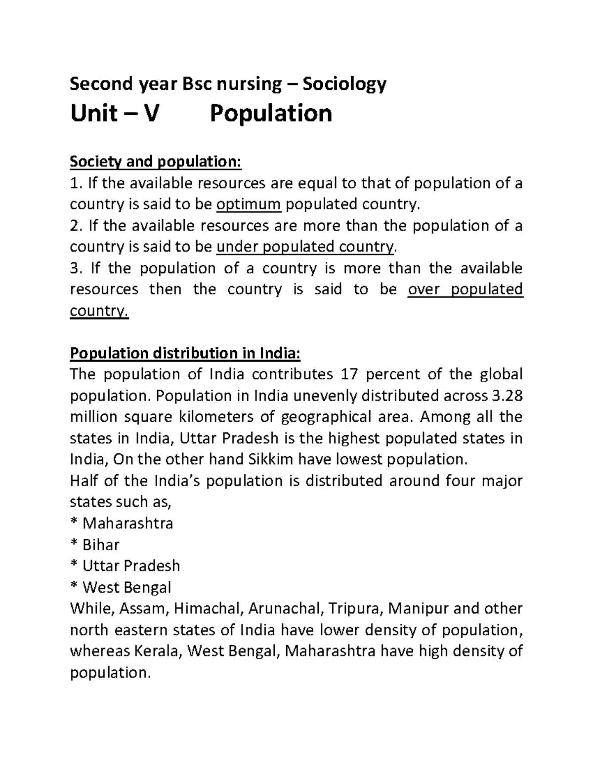 Unit 5 Population Dynamics in Sociology – BSc Nursing - Studocu