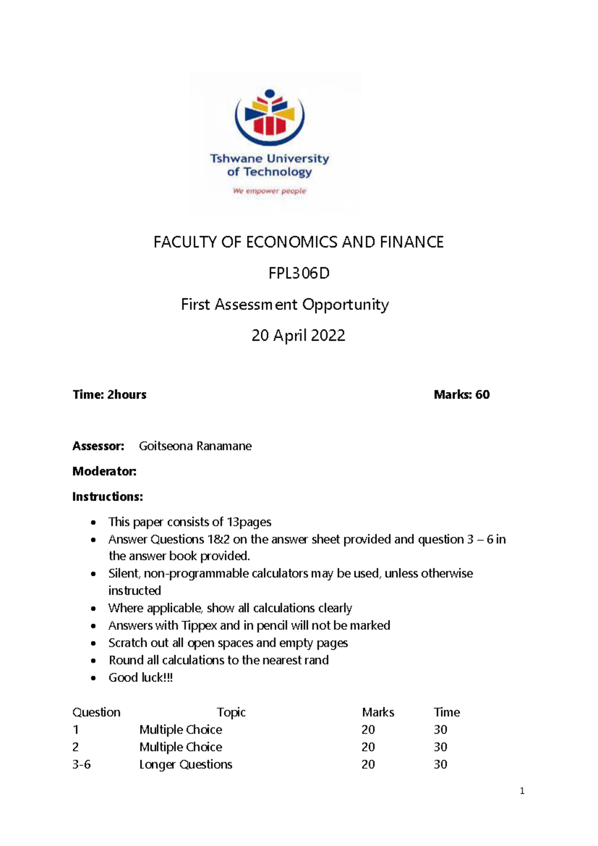 Test 1 - test 1 question paper without memorandum - FACULTY OF ...