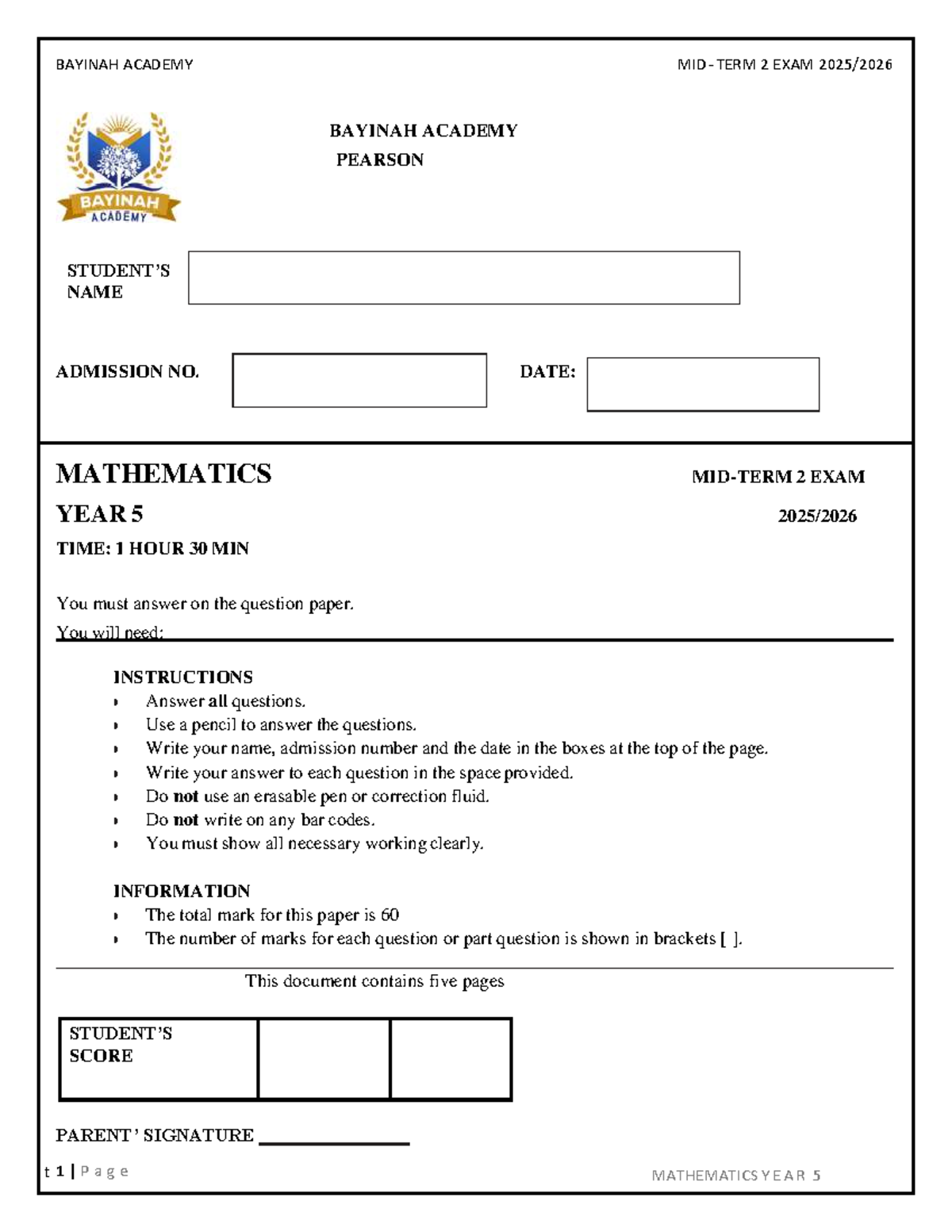 MATHEMATICS YEAR 5 TERM 2 EXAM - BAYINAH ACADEMY - Studocu