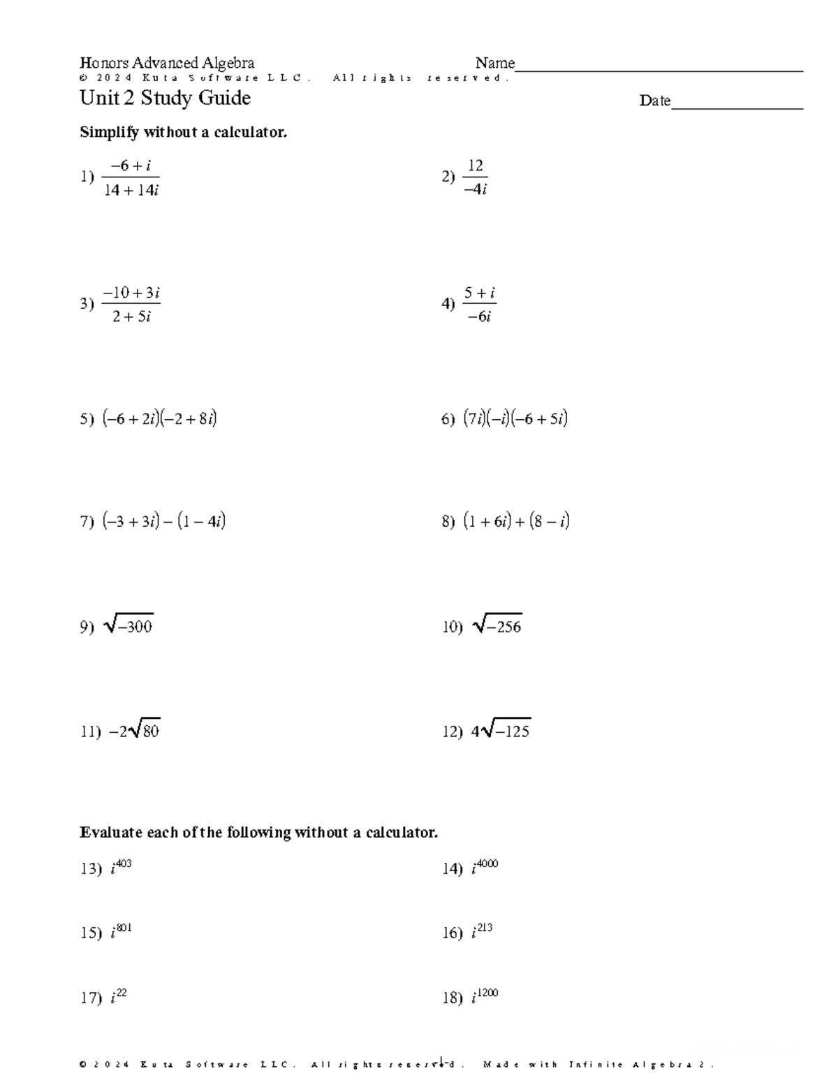 Unit 2 Study Guide & Answer Key for Honors Advanced Algebra - Studocu