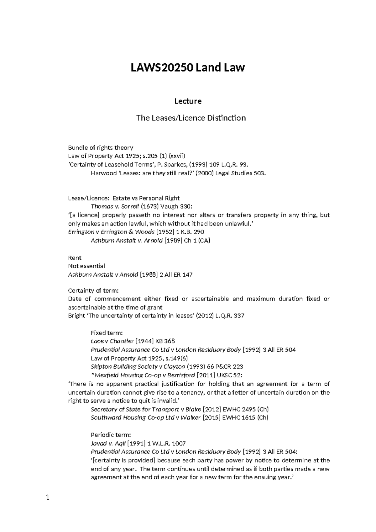 LAWS20250 Land Law Lecture: Lease vs Licence Distinction Notes - Studocu