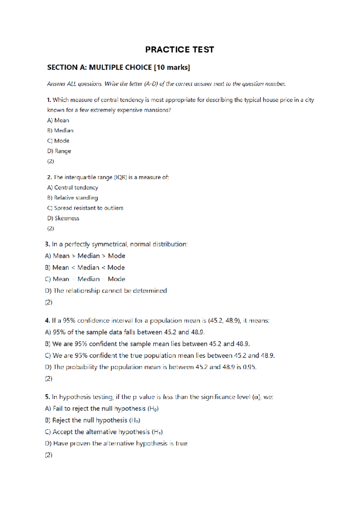 PRACTICE TEST 2: MULTIPLE CHOICE & DESCRIPTIVE STATS - Studocu