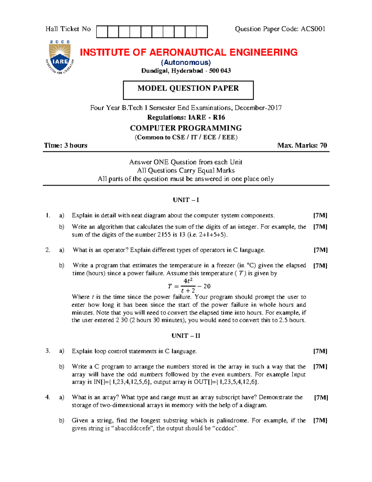 IARE ACS Model Question Paper on Computer Programming (B I Sem) - Studocu