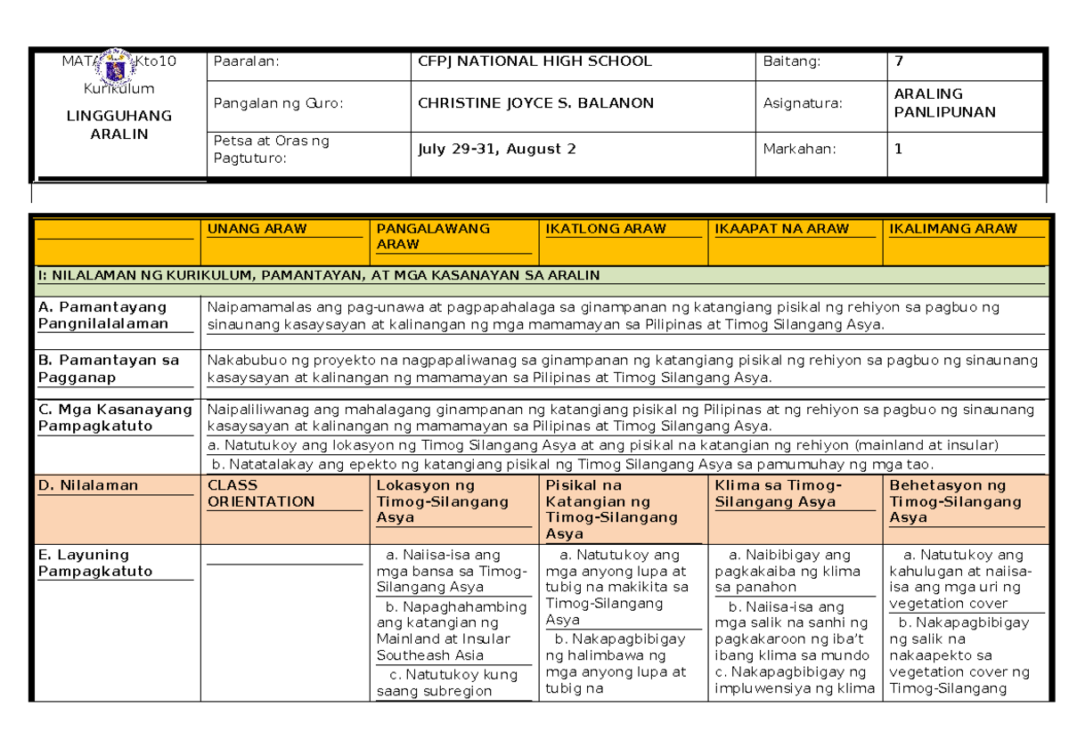 AP7 Q1 WEEK1 DLL - Lesson Plan for Araling Panlipunan 7 Class - Studocu
