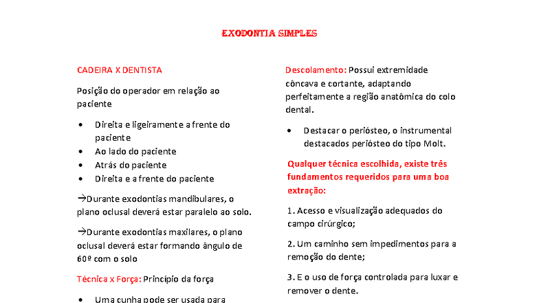 EXODONTIA SIMPLES: Posições e Técnicas para Extração Dental - Studocu
