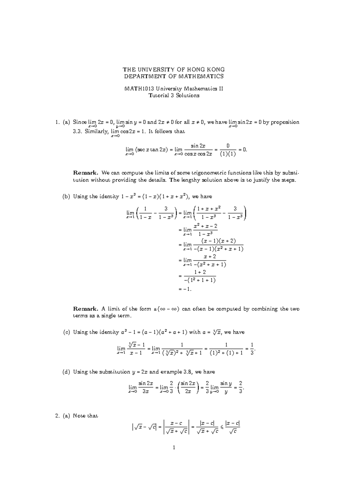 MATH1013 University Mathematics II Tutorial 3 Solutions - Studocu