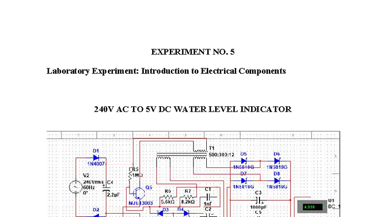 EXP. NO. 5: 240V AC to 5V DC Water Level Indicator Lab Experiment - Studocu